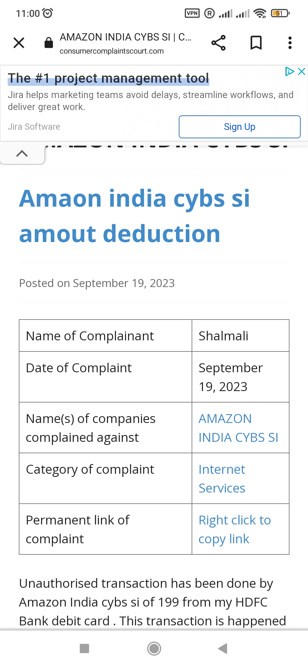 Unknown payment made by my HDFC credit card | Consumer Complaints Court